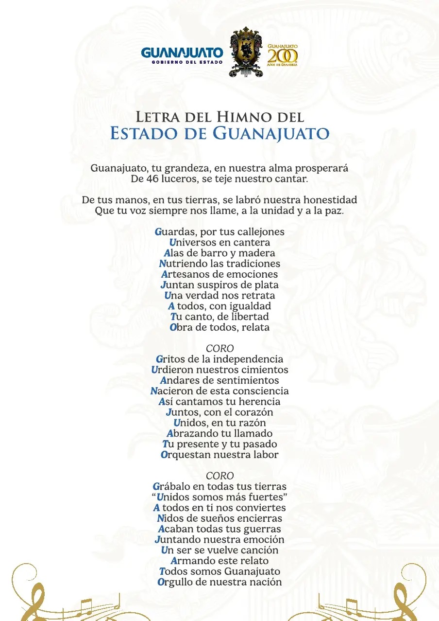La letra del himno del Estado de Guanajuato refiere a su grandeza y unidad de su gente; como ...